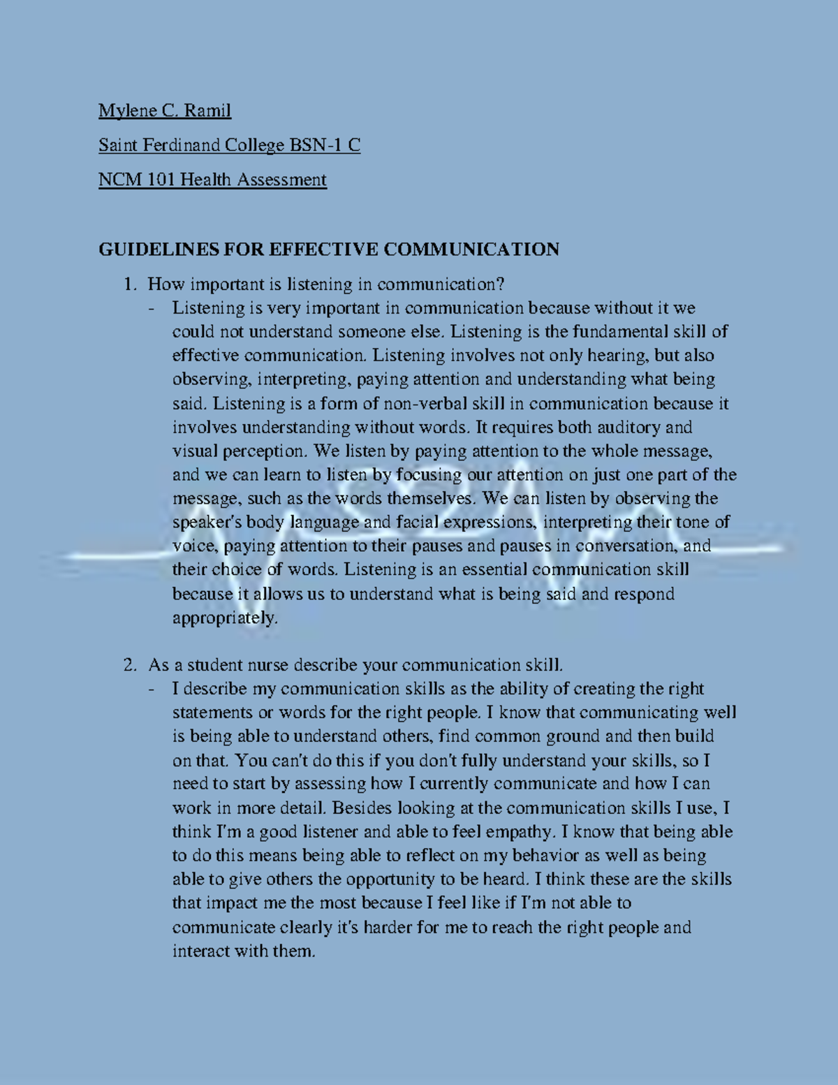 NCM101 W2 Assignment - Mylene C. Ramil Saint Ferdinand College BSN-1 C ...