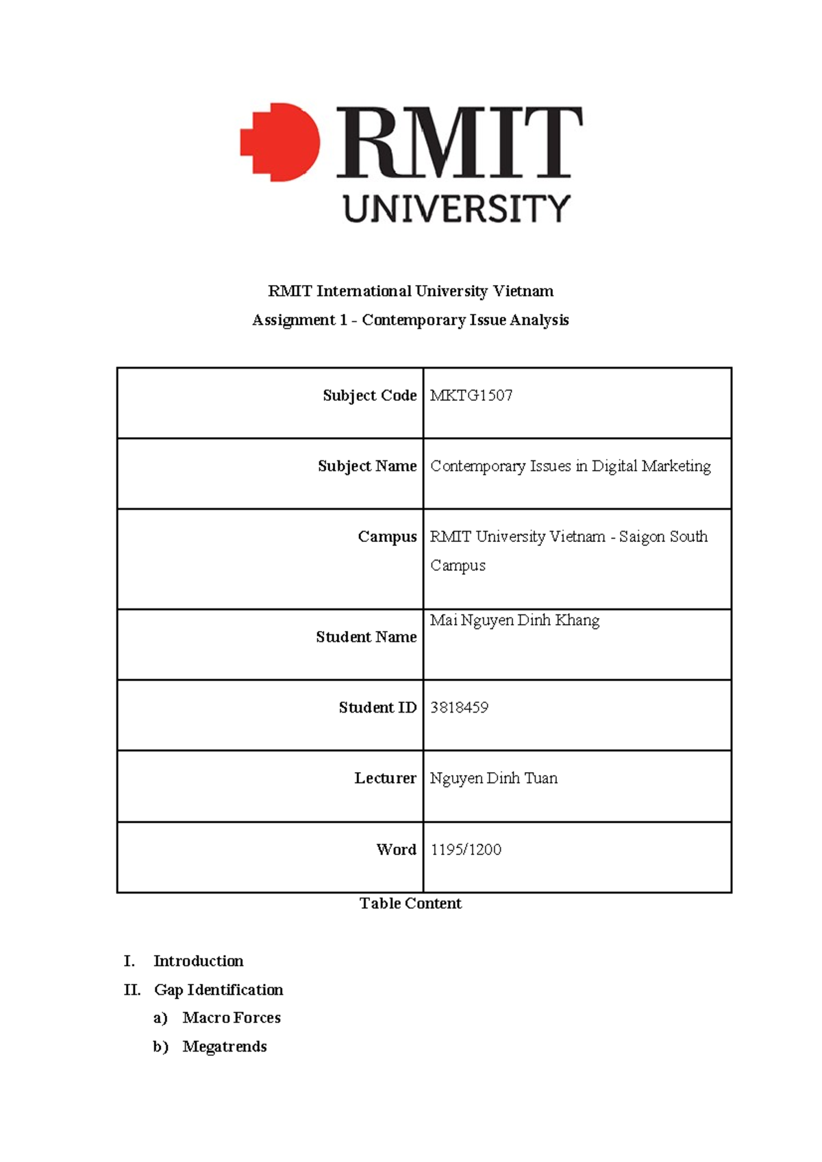 MKTG1507 A1 Campus G3 Khang S3818459 2 4 - RMIT International ...