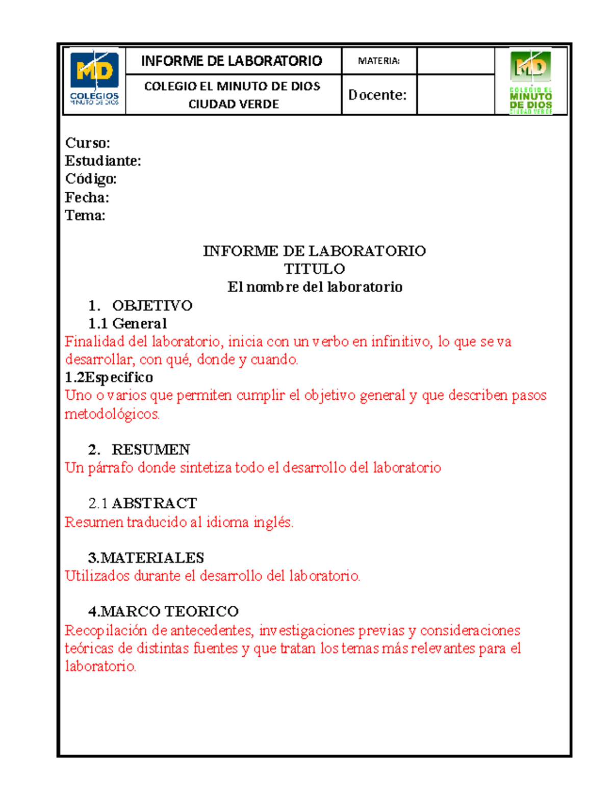 Plantilla informe de laboratorio bachillerato[ 3288] - INFORME DE ...
