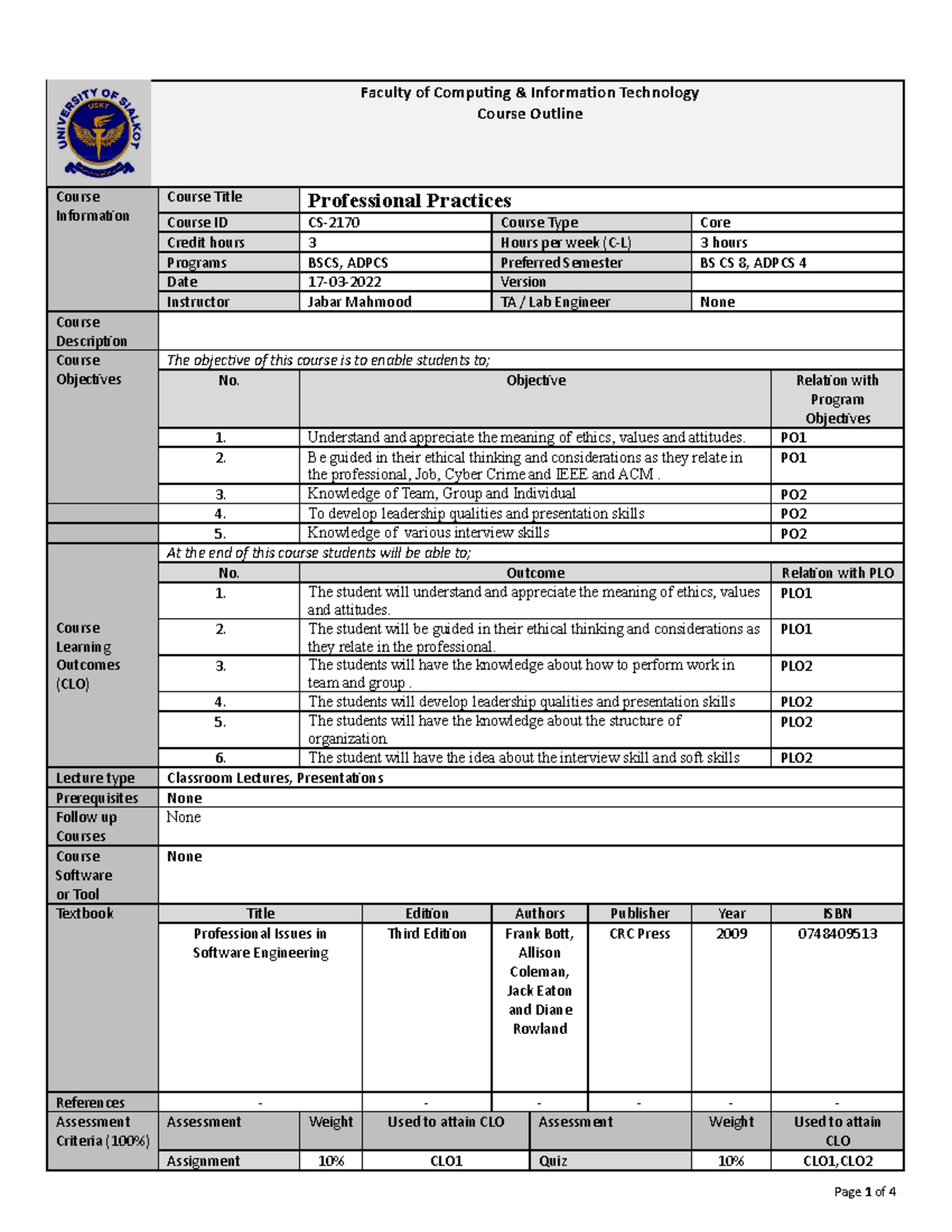 CS-2170 Professional Practices Course Outline - Faculty of Computing ...