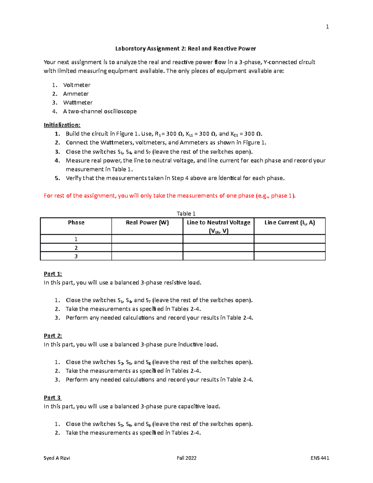 Lab Assignment 2 ENS441 Fall 2022 - Laboratory Assignment 2: Real and Reactive Power Your next ...