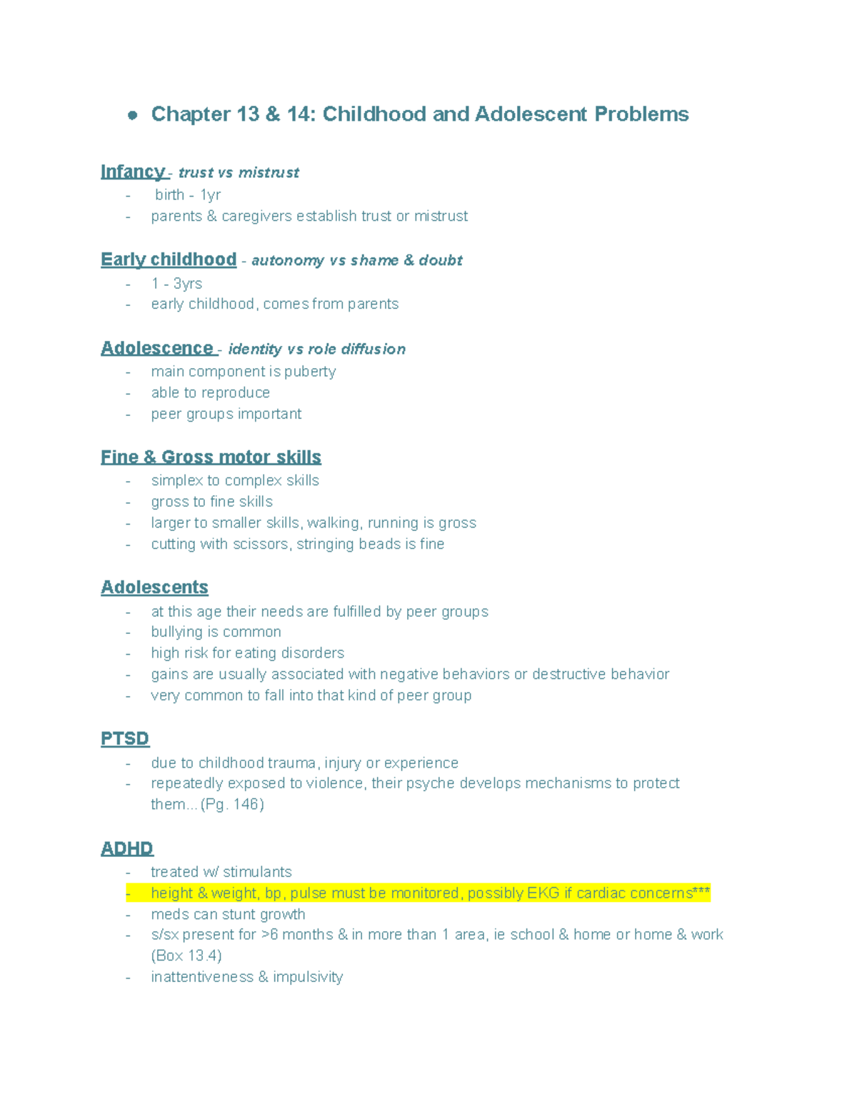 Mental Health Chapter 13, 14 Notes - Chapter 13 & 14: Childhood and ...