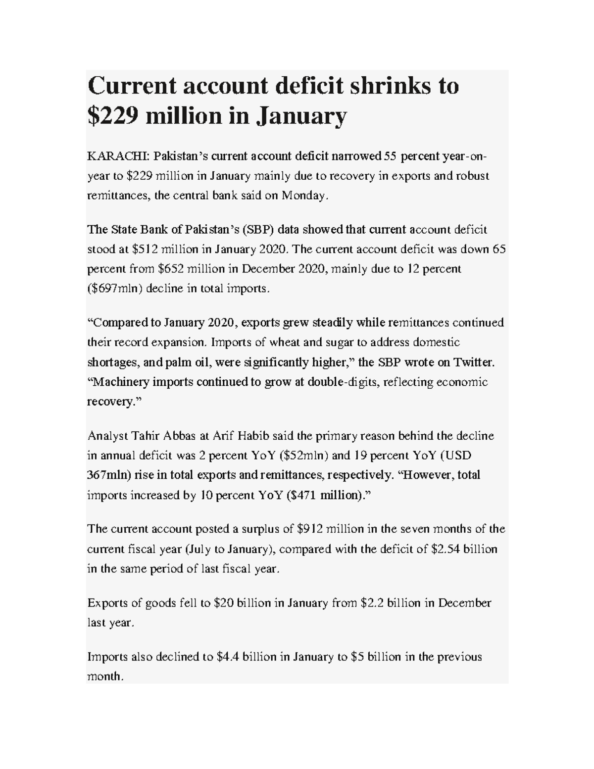 Current Account Deficit - The State Bank of Pakistan’s (SBP) data ...