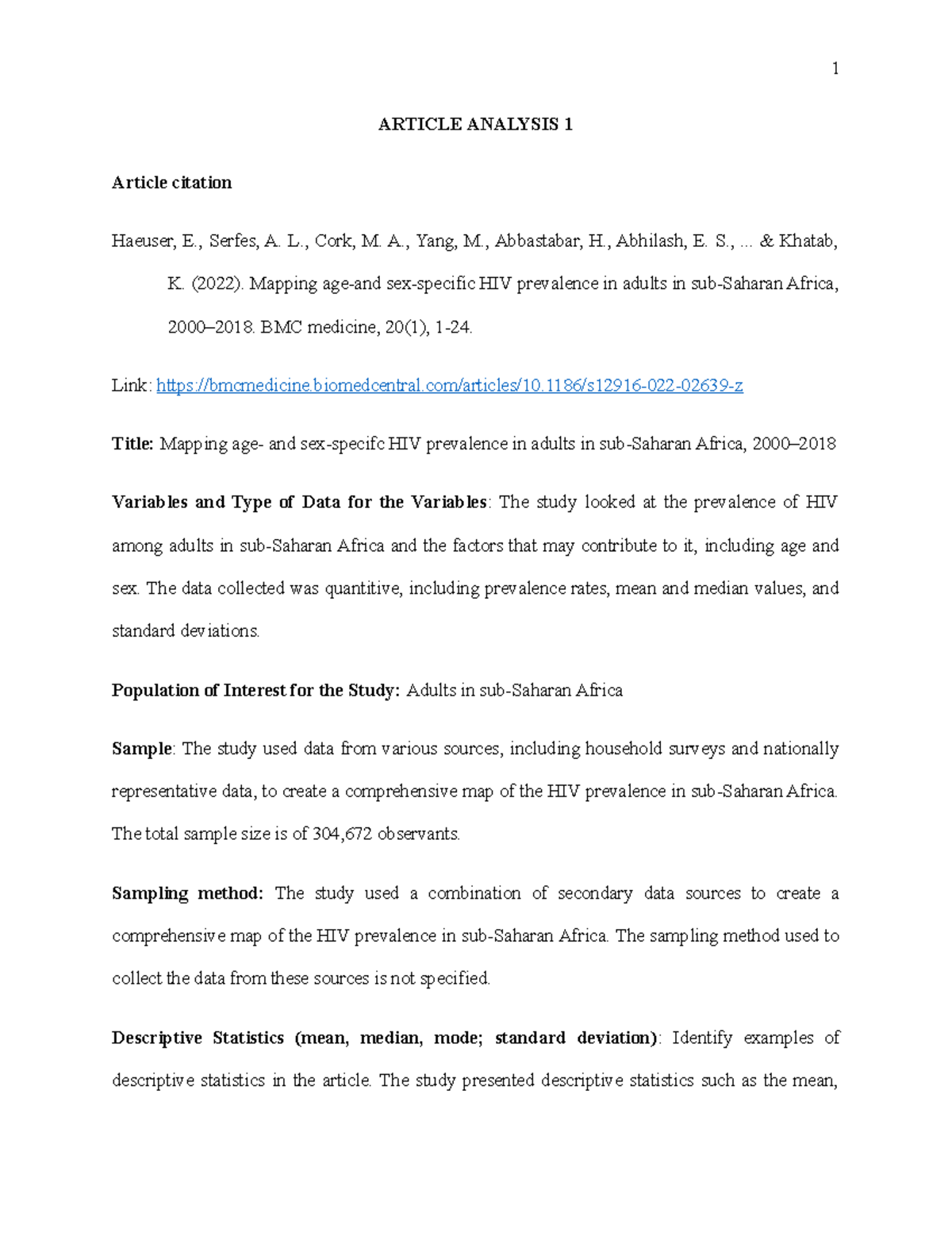 Article Analysis 1 - 1 ARTICLE ANALYSIS 1 Article citation Haeuser, E ...