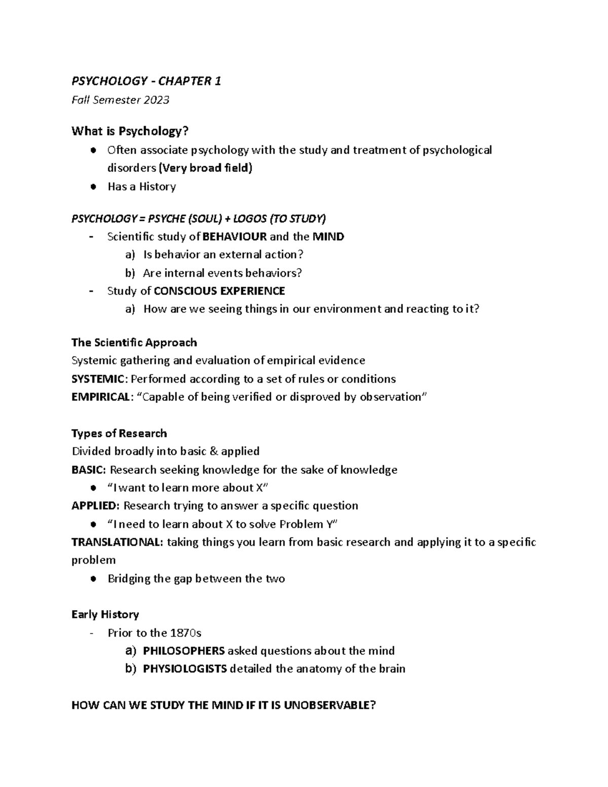 Psychology 104 - Lecture - PSYCHOLOGY - CHAPTER 1 Fall Semester 2023 ...