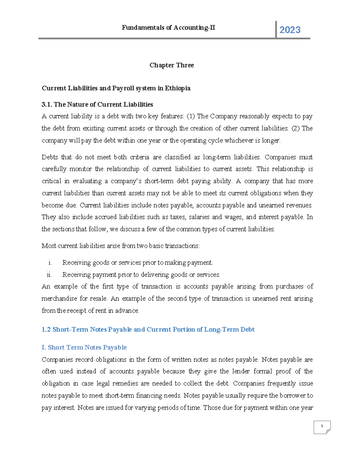 Ch3 - Accounting and Finance - 2023 Chapter Three Current Liabilities and Payroll system in ...