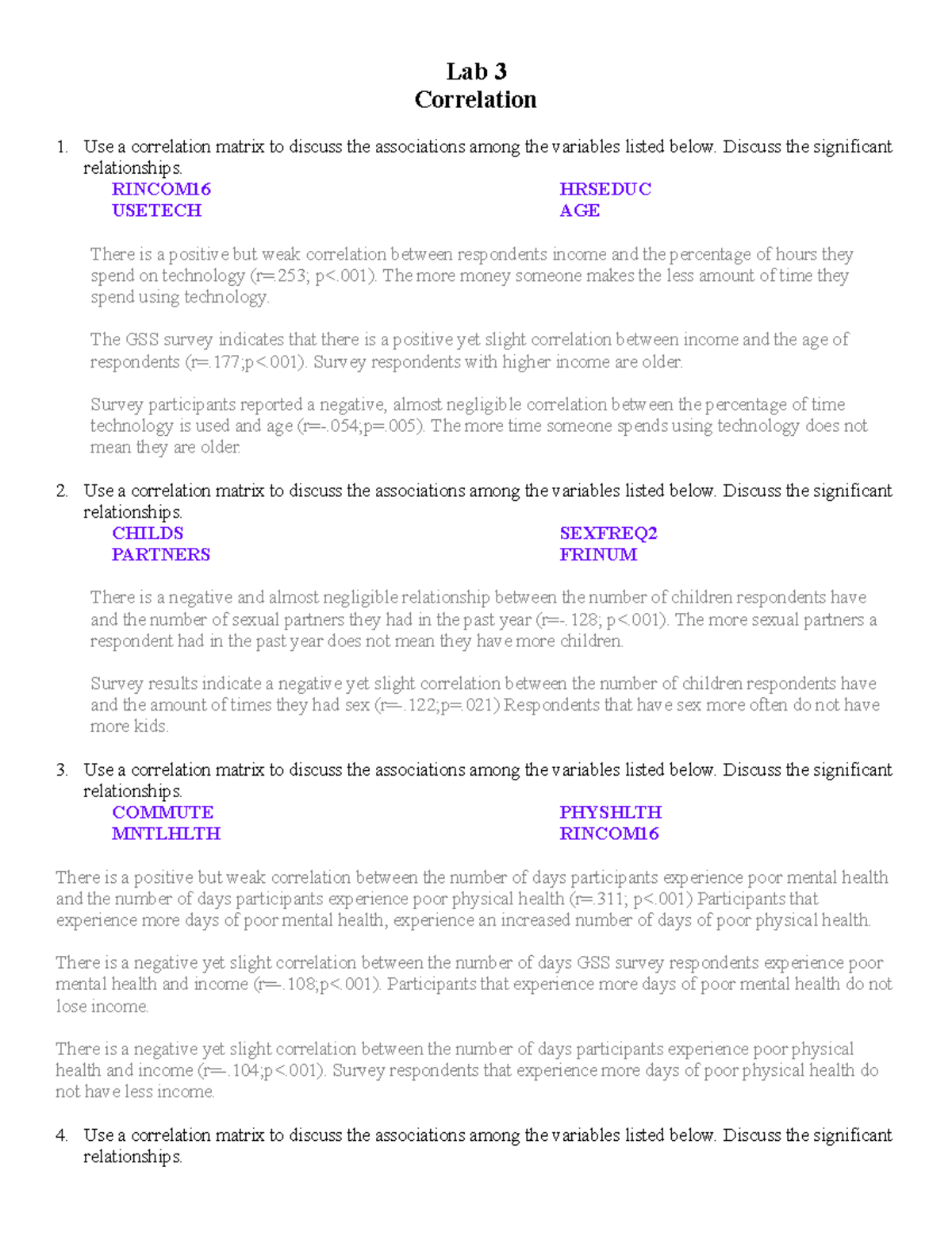 Soc Wk 3410- Lab 3 - Correlation Lab assignment from SPSS using the GSS survey - Lab 3 ...