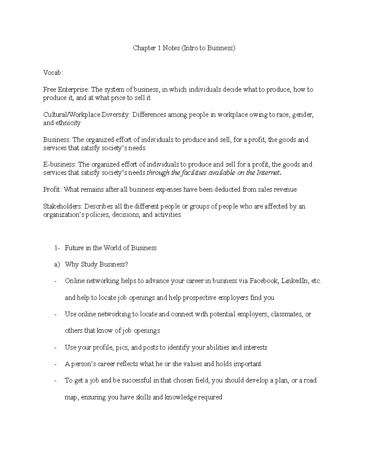 Chapter 1 Notes (Business) - Chapter 1 Notes (Intro to Business) Vocab ...
