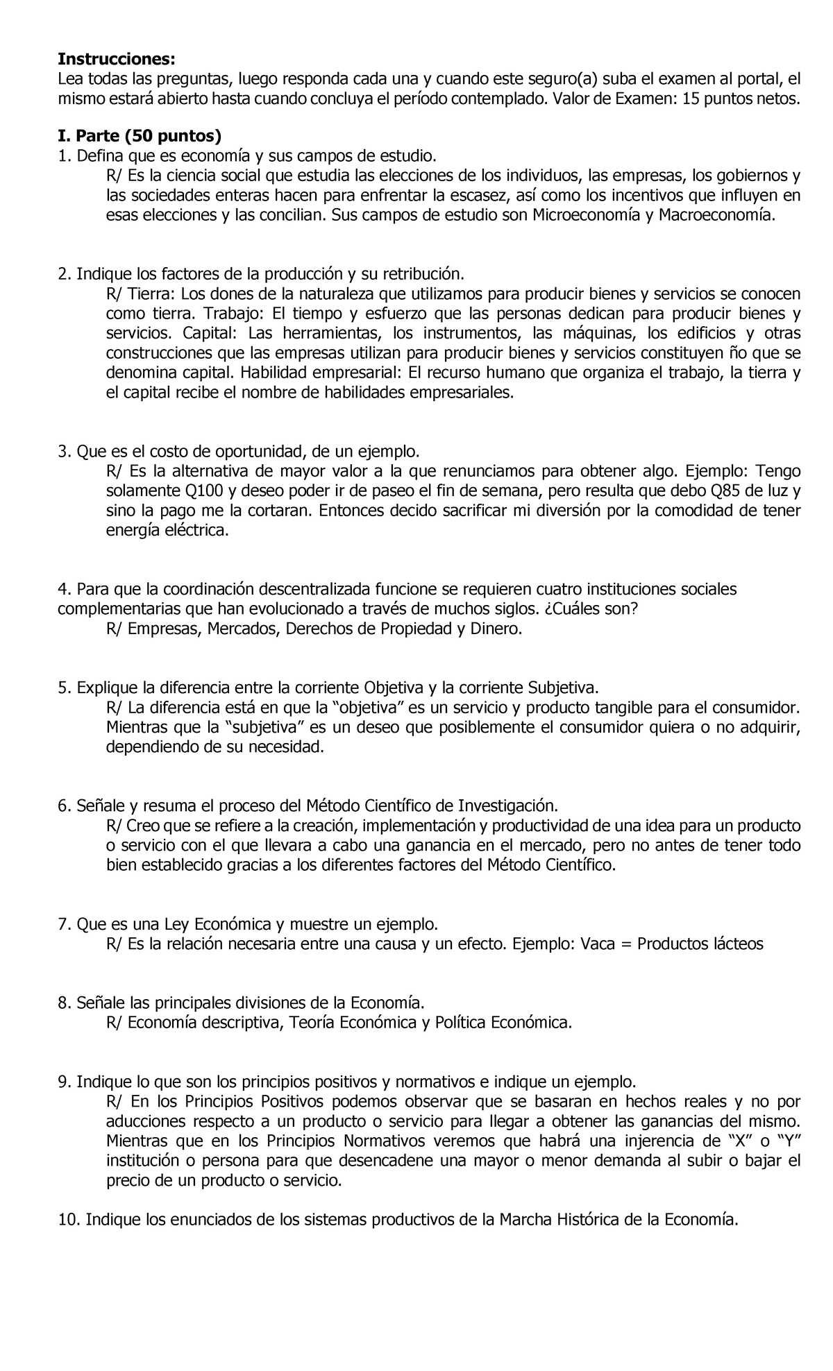 Examen parcial de Economía - Instrucciones: Lea todas las preguntas ...