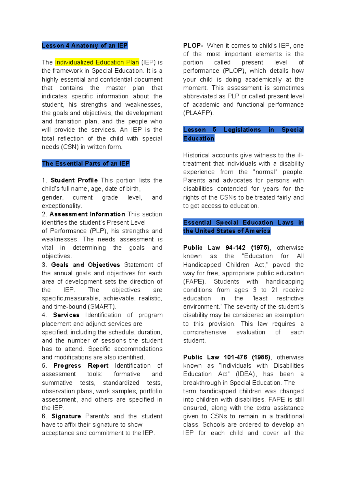 Pysch for Exceptional lesson 4-6 - Lesson 4 Anatomy of an IEP The ...