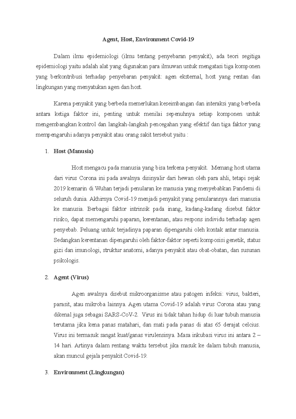 Agent, Host, Environment Covid-19 - Agent, Host, Environment Covid- Dalam ilmu epidemiologi ...
