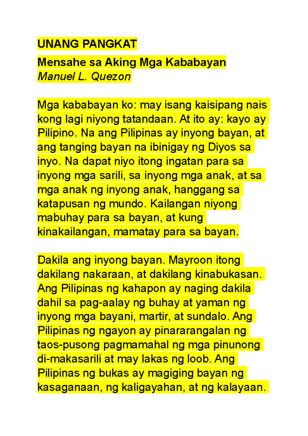 MGA Halimbawa NG Talumpati - UNANG PANGKAT Mensahe sa Aking Mga Kababayan Manuel L. Quezon Mga ...