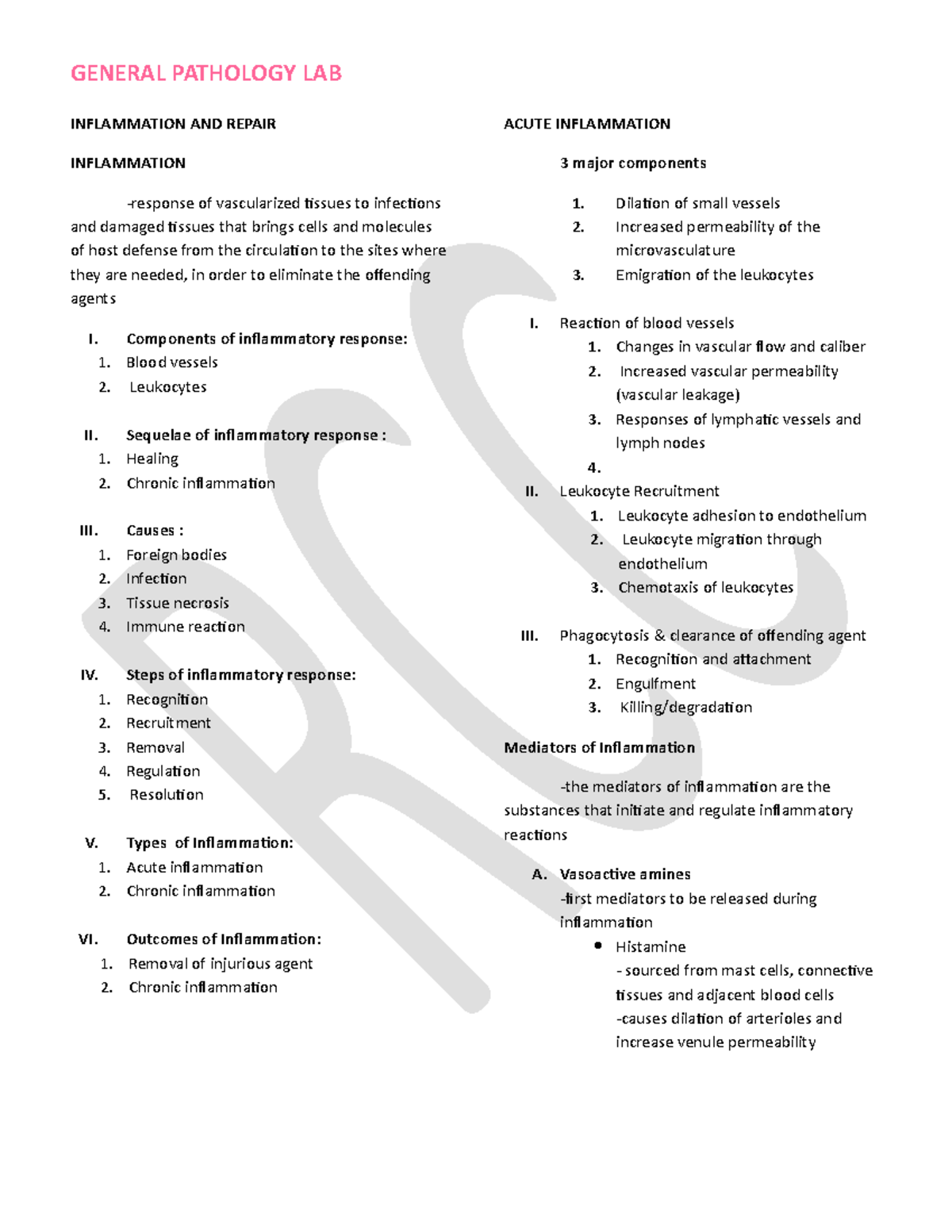 General Pathology - Inflammation and Repair - INFLAMMATION AND REPAIR ...