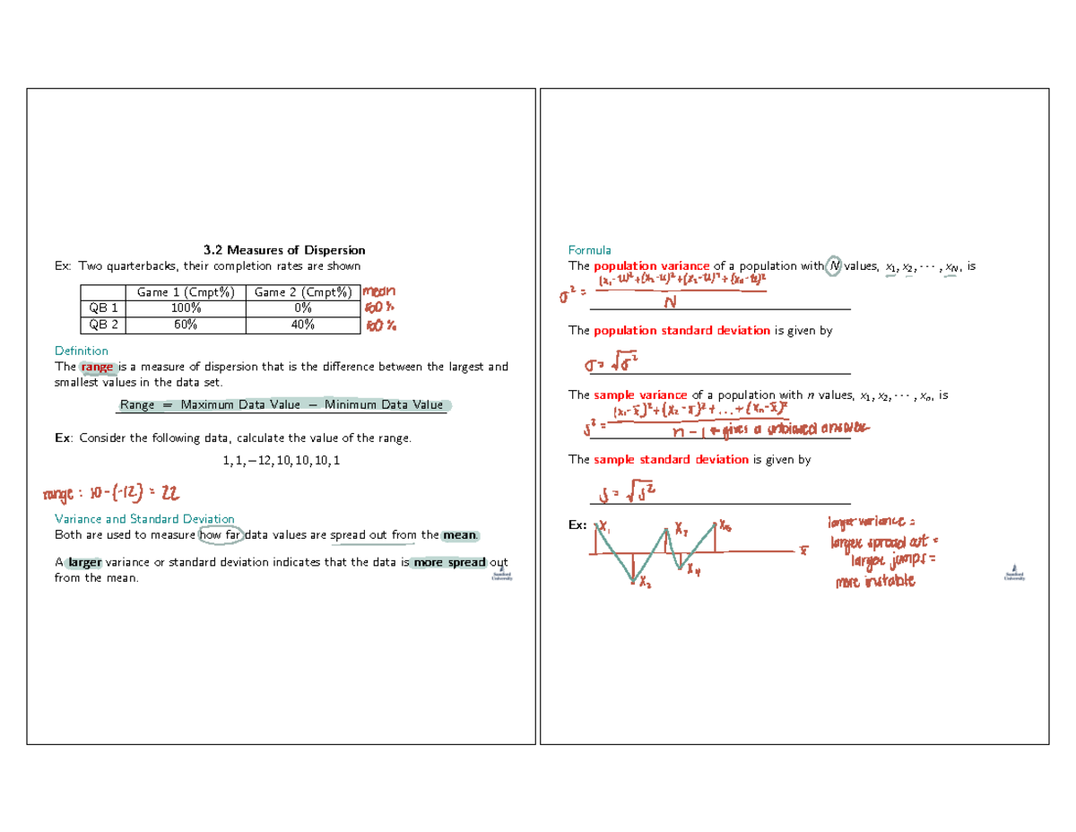 MATH 210 - 3.2 - Week 3 - 3 Measures of Dispersion Ex: Two quarterbacks ...