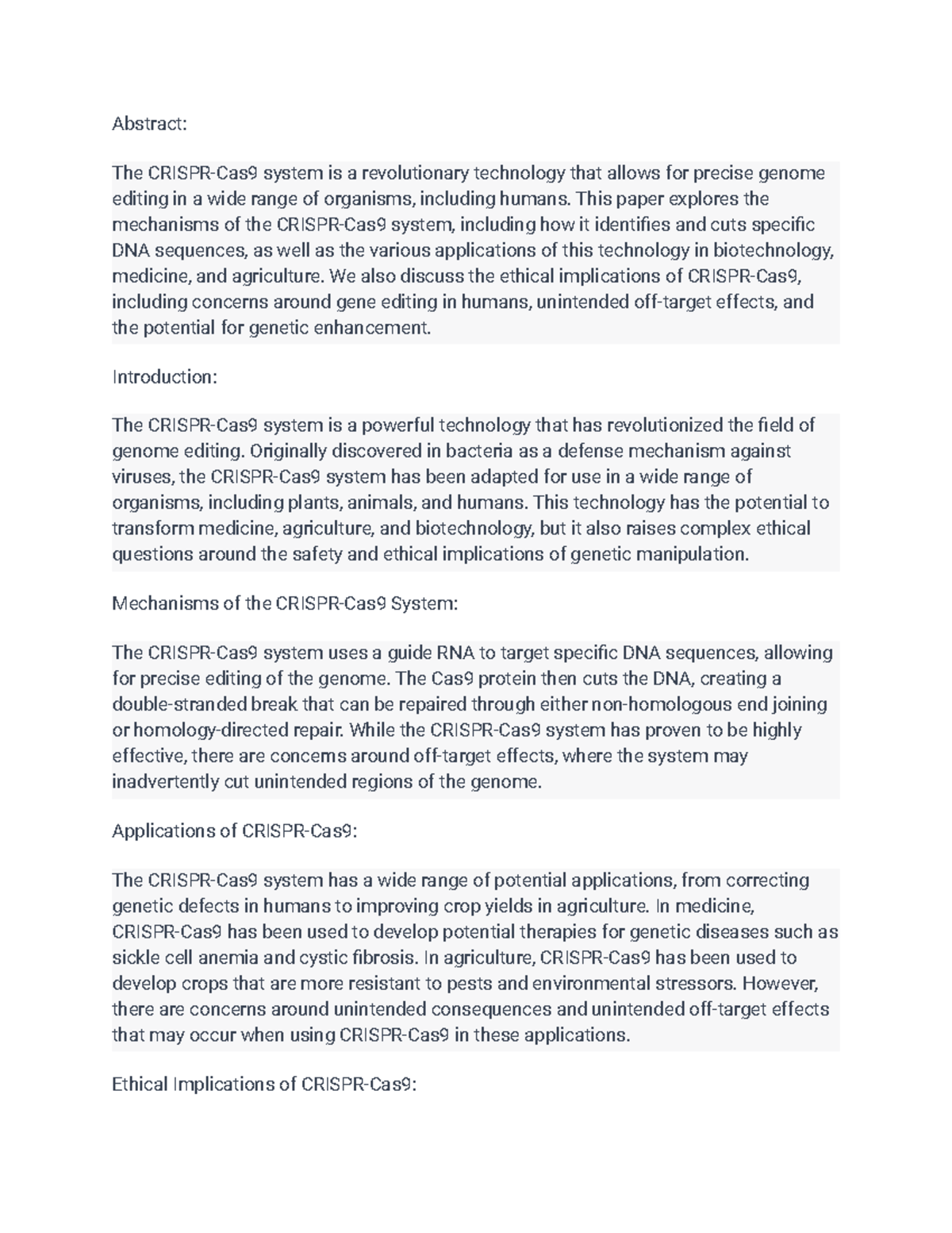 The Crispr-Cas9 System Mechanisms, Applications, and Ethical ...