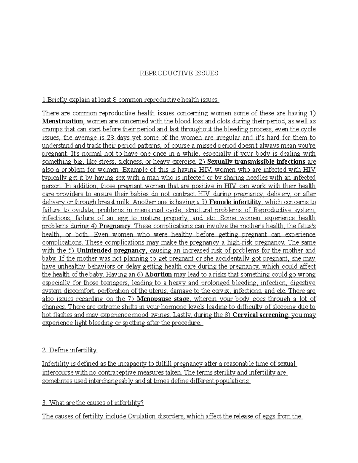 Reproductive Issues - REPRODUCTIVE ISSUES 1 explain at least 8 common ...