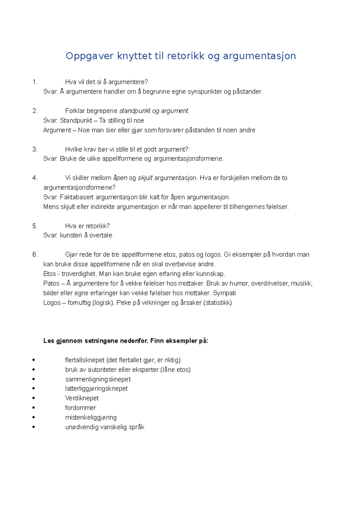 Oppgaver om retorikk og argumentasjon (1) ferdig - Oppgaver knyttet til ...