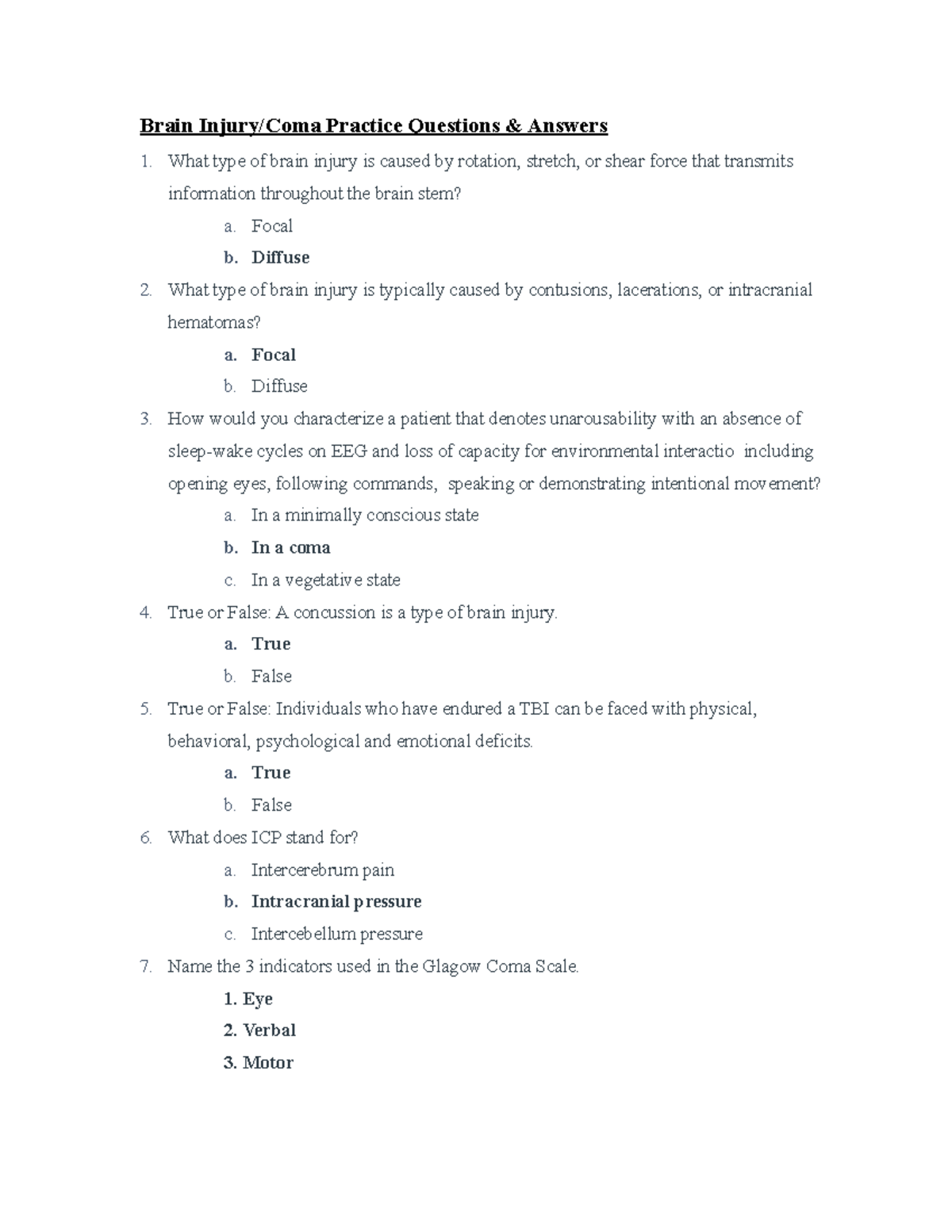Brain Injury and Coma Questions and Answers - Brain Injury/Coma ...