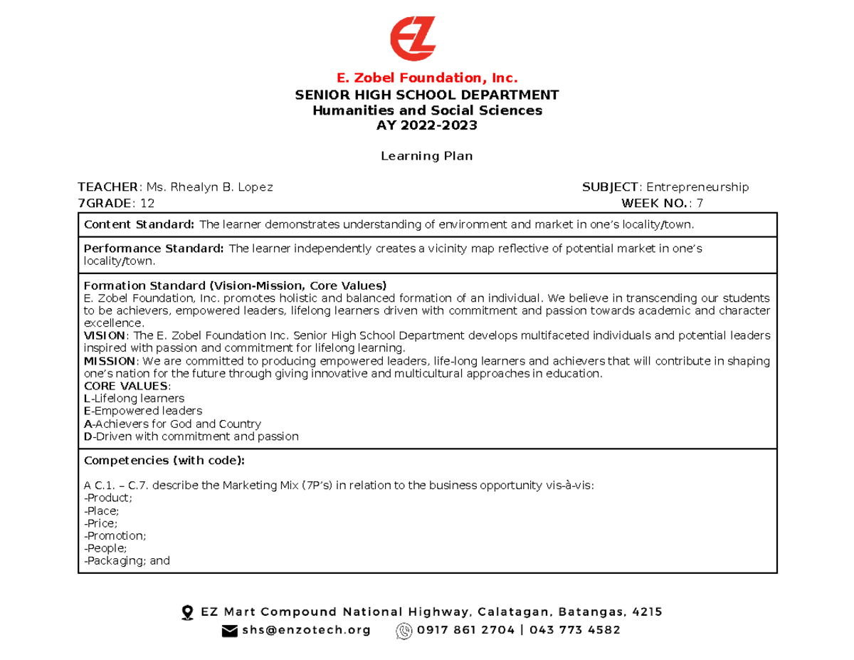Entrep LP Week 7 - This will be helpful to everyone. - SENIOR HIGH ...