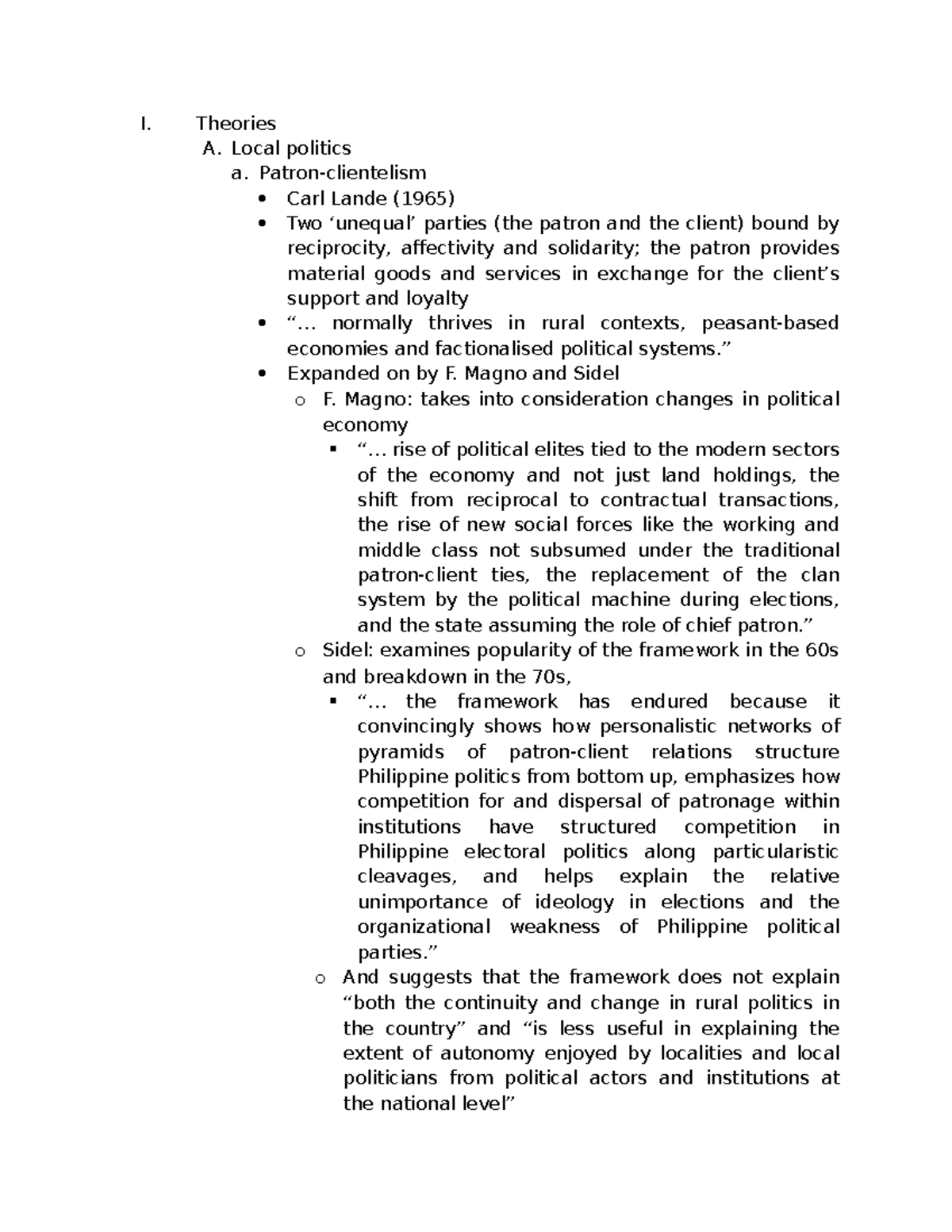 POLSC 14 Reviewer - I. Theories A. Local politics a. Patron-clientelism ...