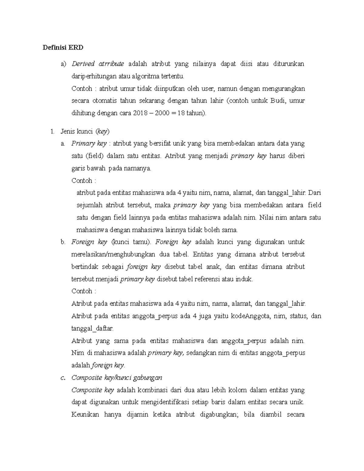 Definisi ERD 2 - Catatan Materi - Definisi ERD a) Derived atrribute ...