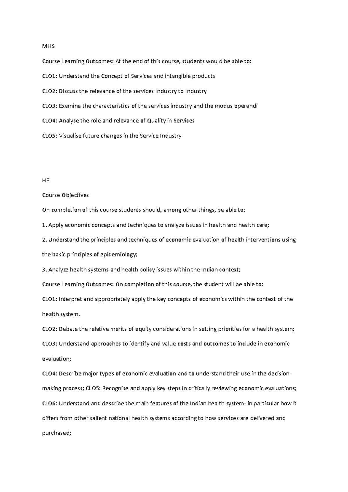 MHS - MHS Course Learning Outcomes: At the end of this course, students ...