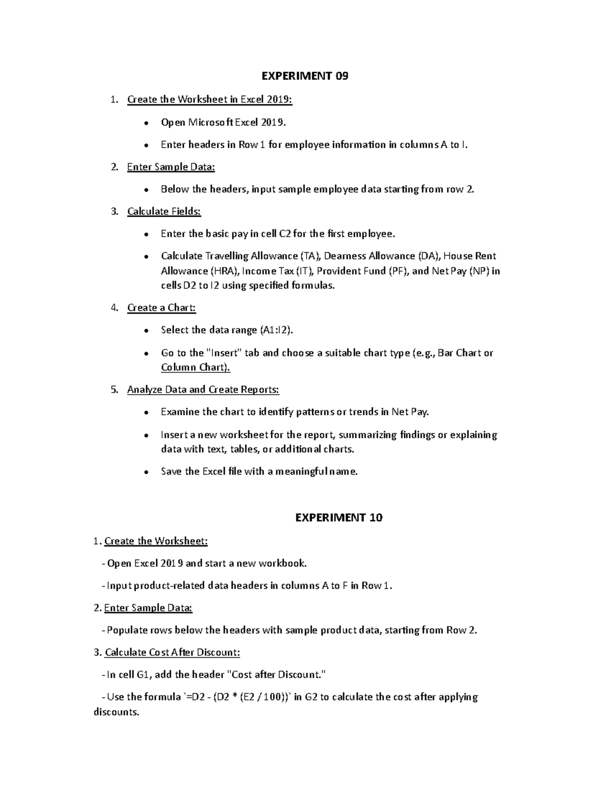 Excel observation (9-12) - EXPERIMENT 09 Create the Worksheet in Excel ...