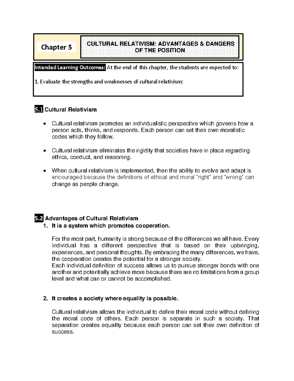 Week 5 Cultural Relativism - Intended Learning Outcomes: At the end of ...