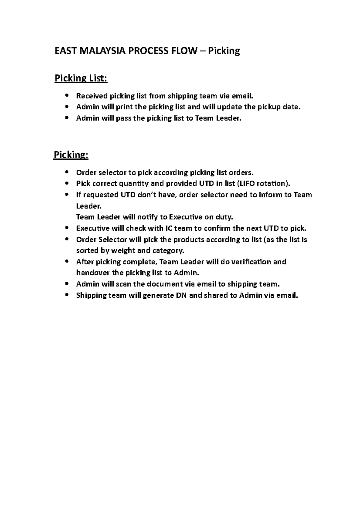 EAST Malaysia Process FLOW - Picking - EAST MALAYSIA PROCESS FLOW ...