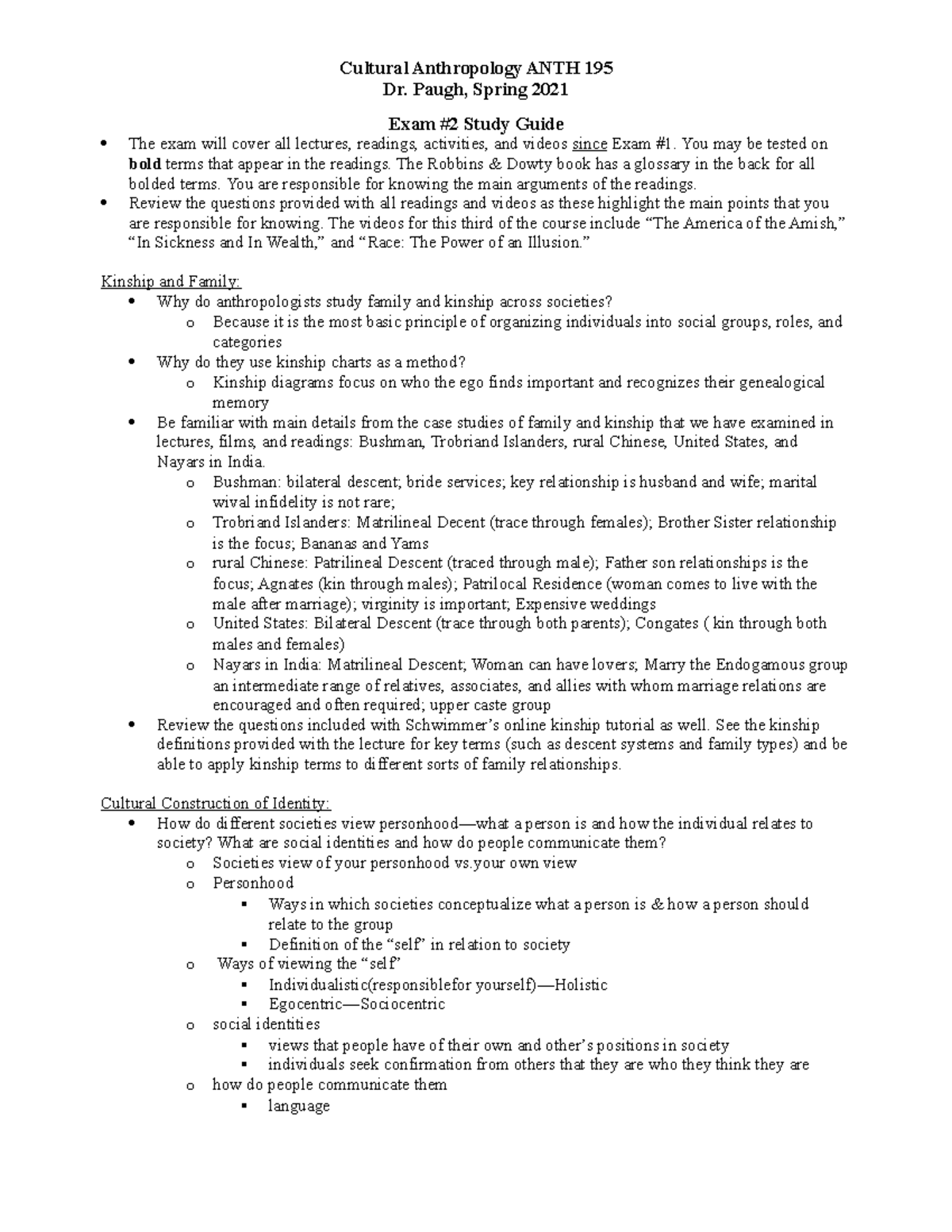 Exam 2 study guide - Lecture notes Second third of the semester - Dr ...