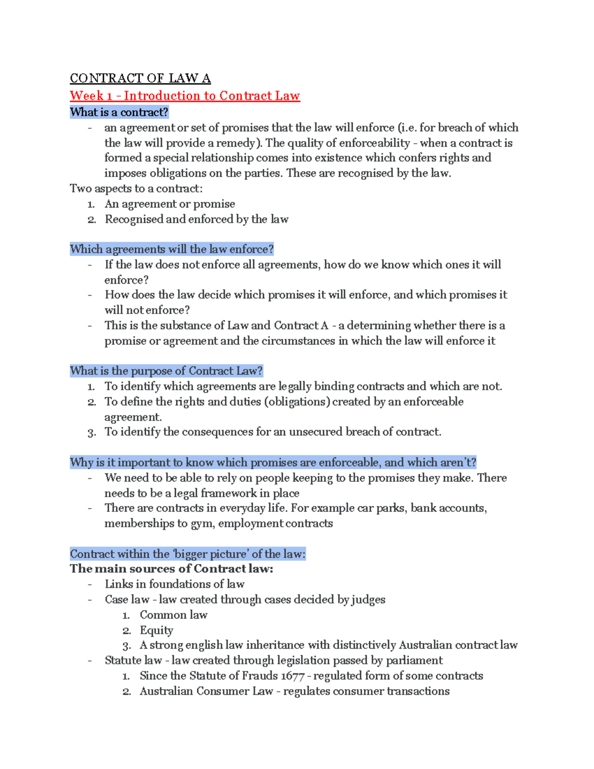 Contract OF LAW A - Notes - CONTRACT OF LAW A Week 1 - Introduction to ...