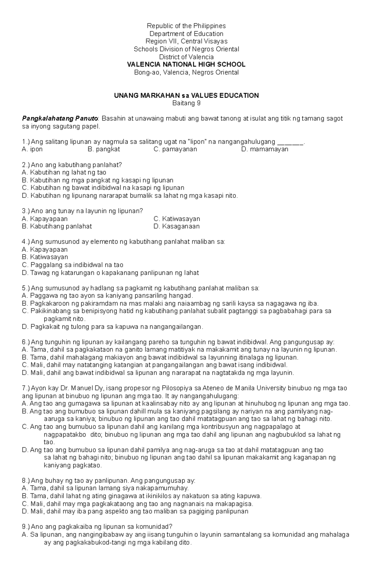 1st-Valed-9 - Practice materials for Values education subject, grade 9 for first quarter ...