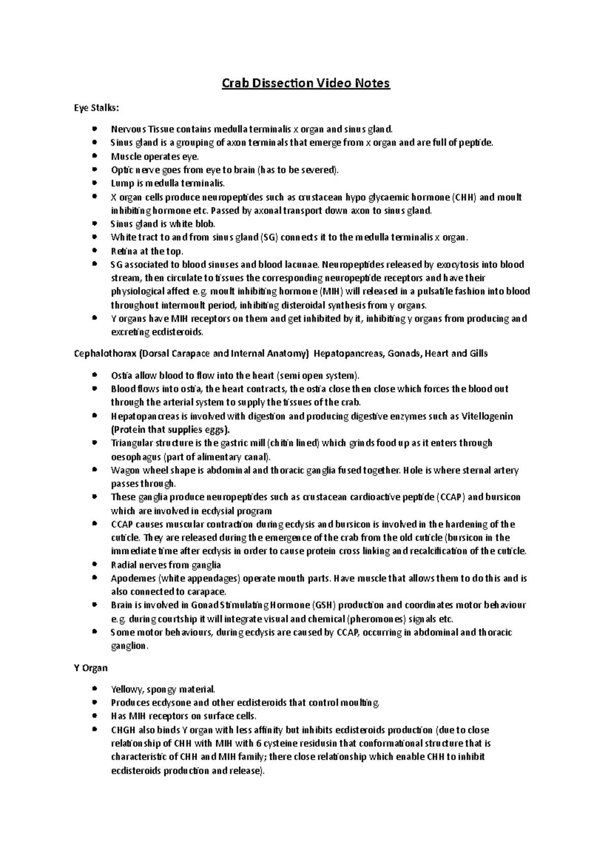 Crab Dissesction Notes - Crab Dissection Video Notes Eye Stalks ...
