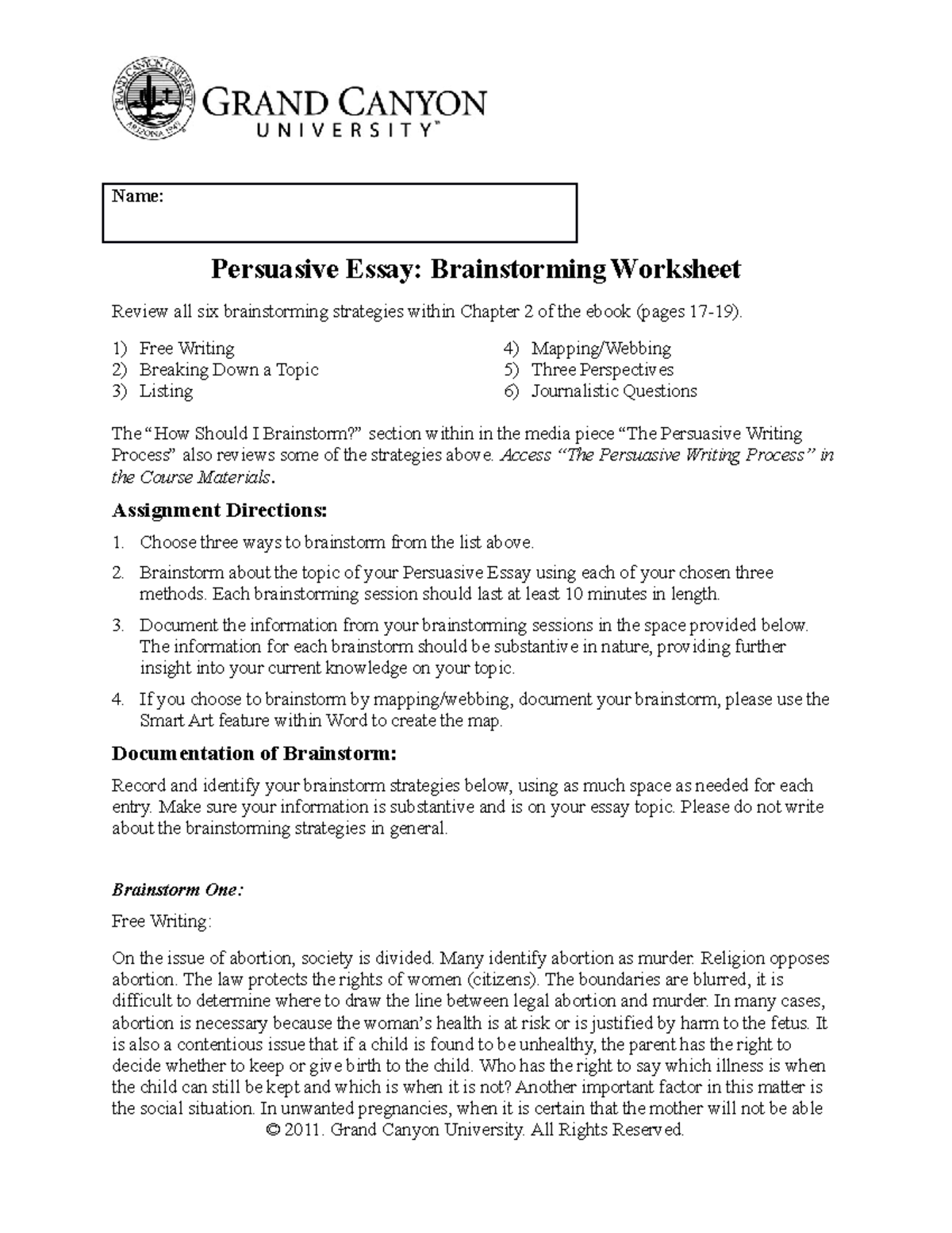 PHI105 T2 Brainstorming Worksheet (fin) - Name: Persuasive Essay ...