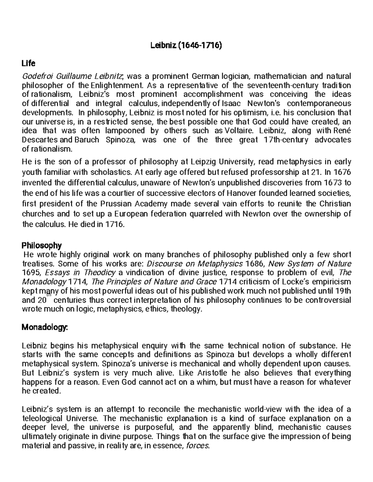 Leibniz - Philosopher .....His Life and his works in the field of ...