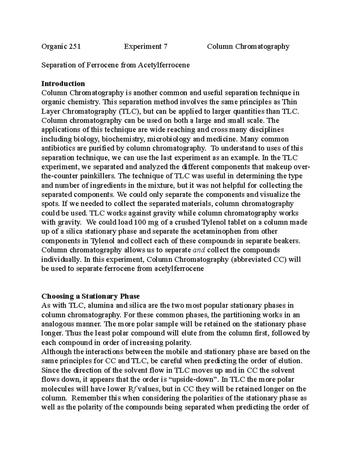 Experiment 7 Column Chromatography - Organic 251 Experiment 7 Column ...