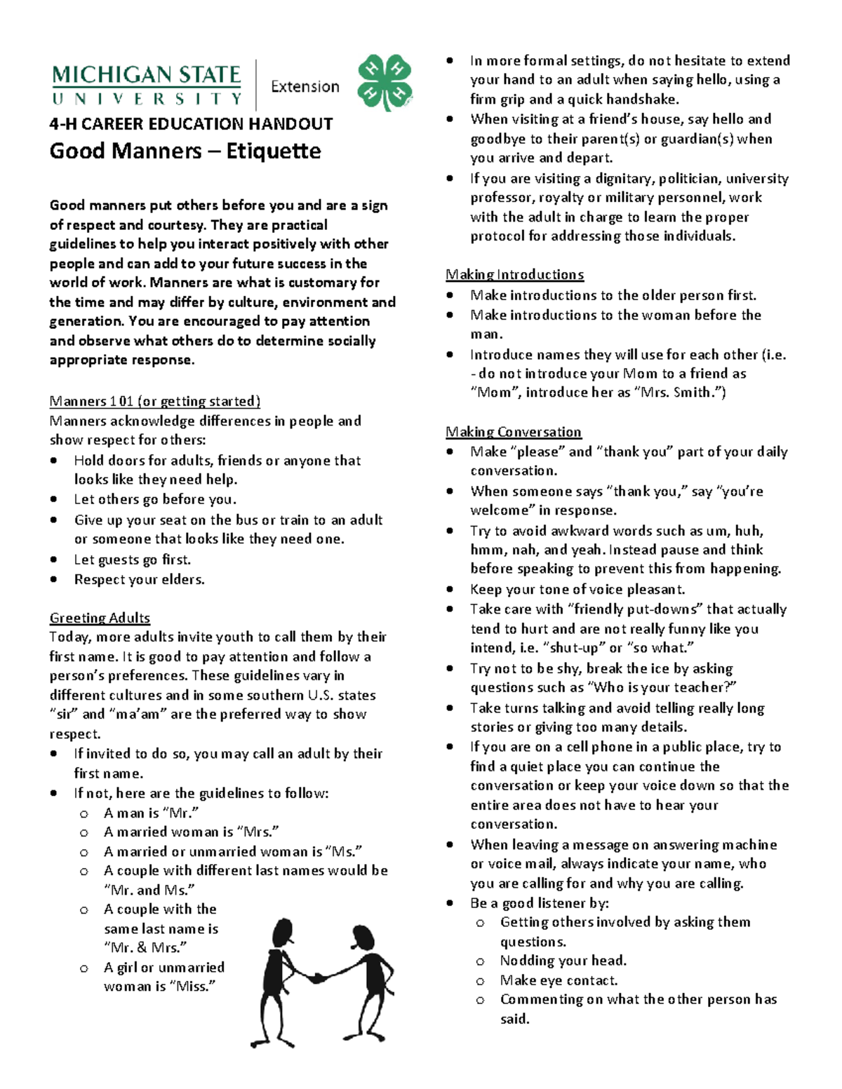 Good Manners Final Version - 4-H CAREER EDUCATION HANDOUT Good Manners ...