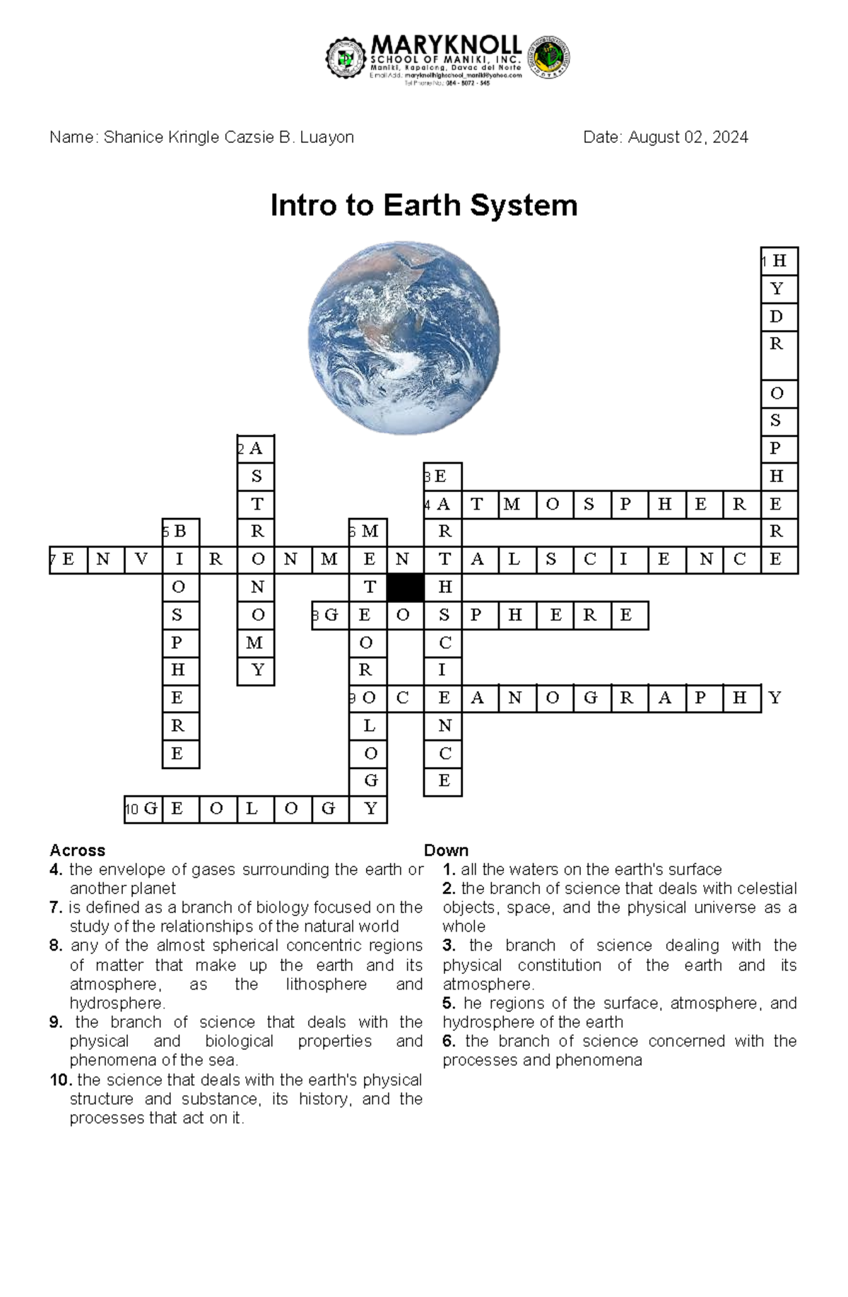 Intro to Earth System ES-1 - Intro to Earth System 1 H Y D R O S 2 A P ...