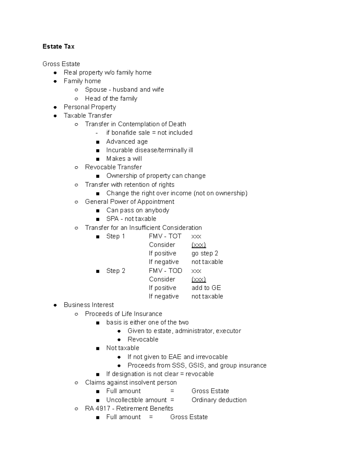 Taxation Summary - Estate Tax Gross Estate Real property w/o family ...