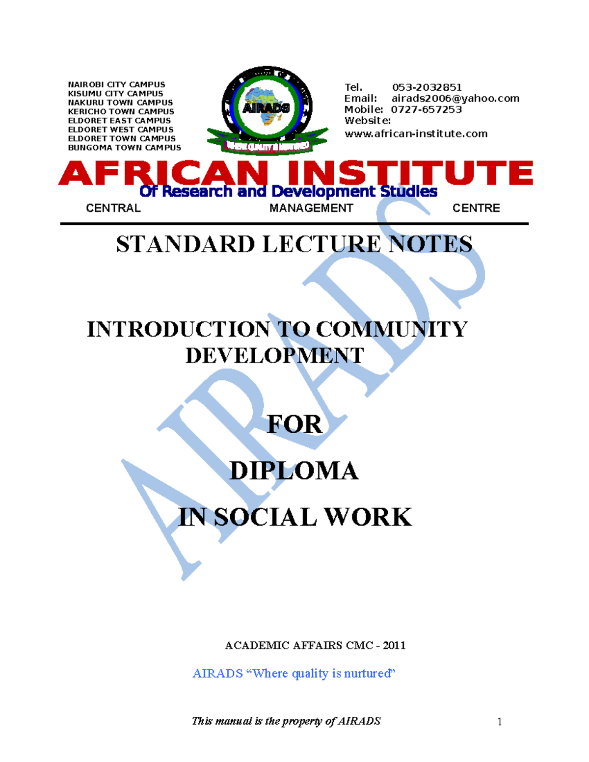 Introduction TO Community Development-edditted - STANDARD LECTURE NOTES ...