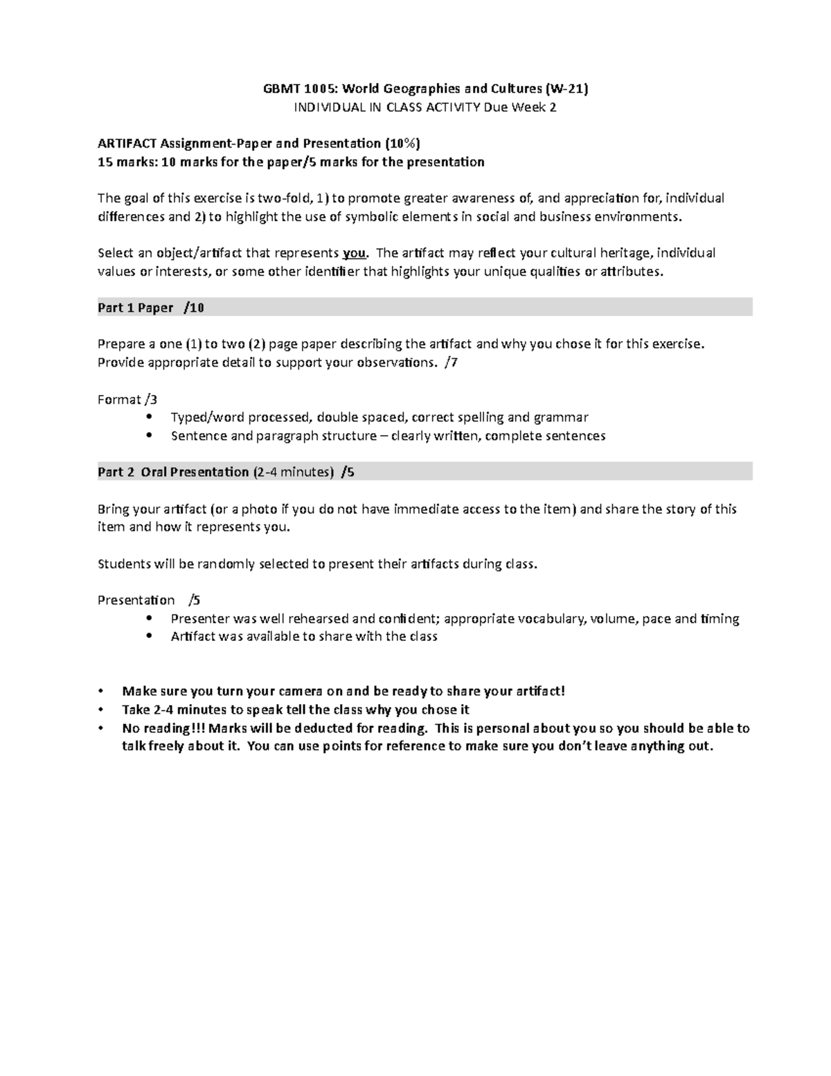 GBMT 1005 - Artifact Assignment - GBMT 1005: World Geographies and ...
