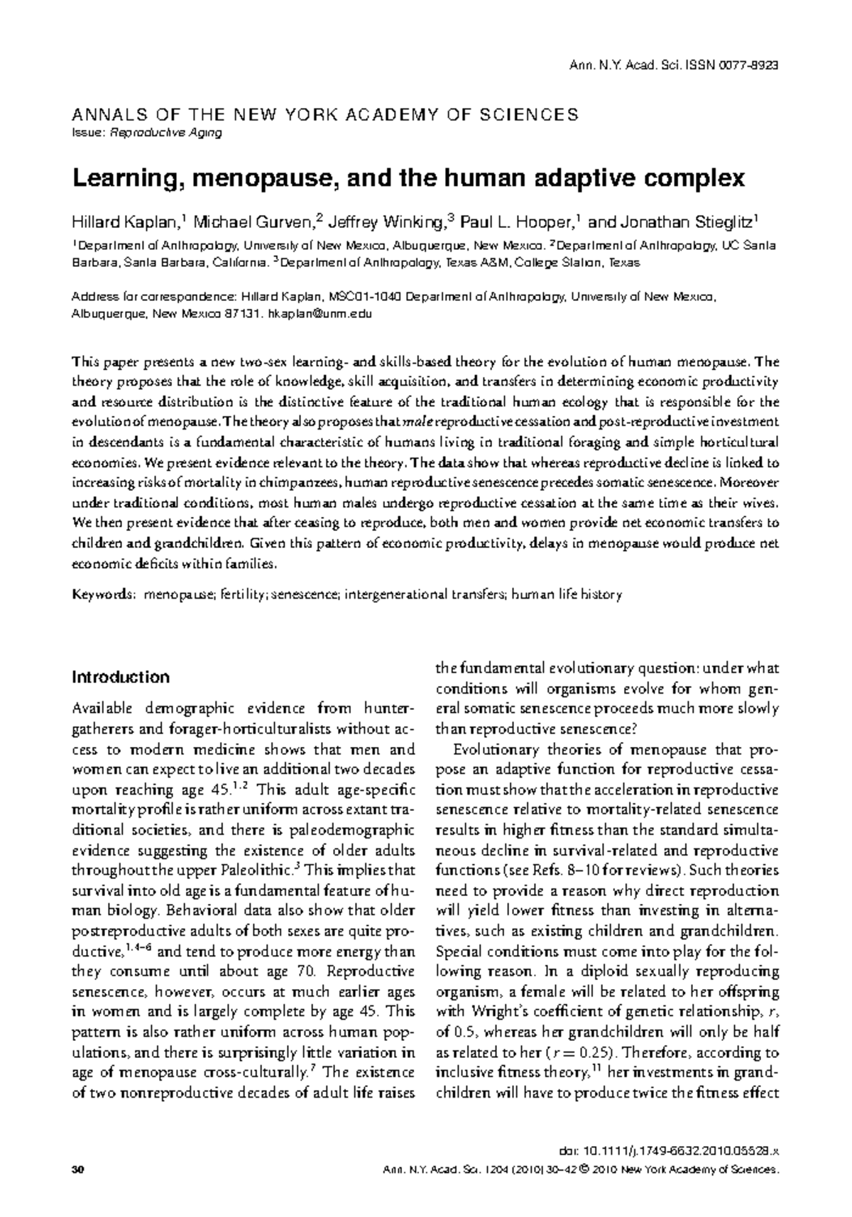 Kaplan et al 2010 learning menopause and the human adaptive complex ...