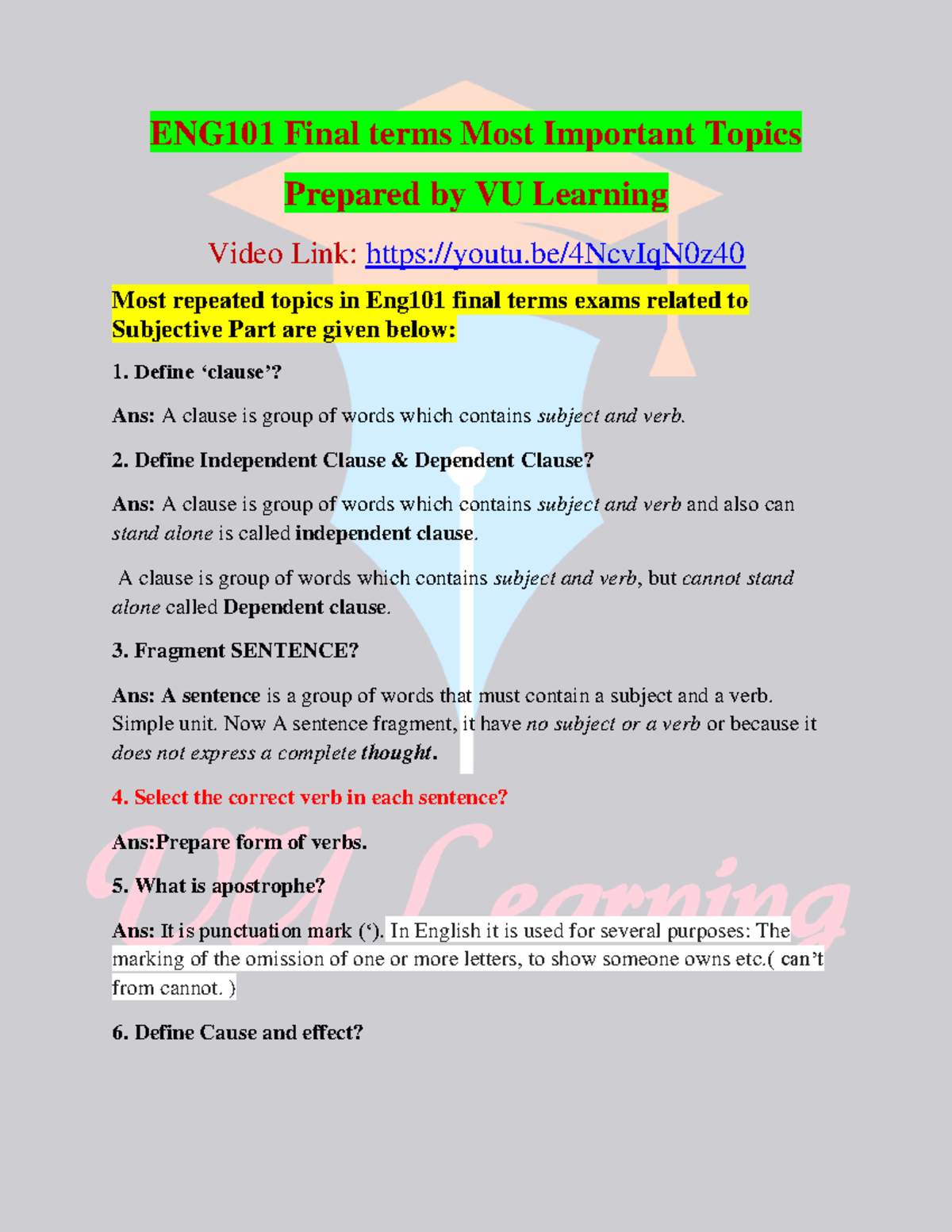 ENG101 Final Term Notes By VU Learning - ENG101 Final terms Most ...