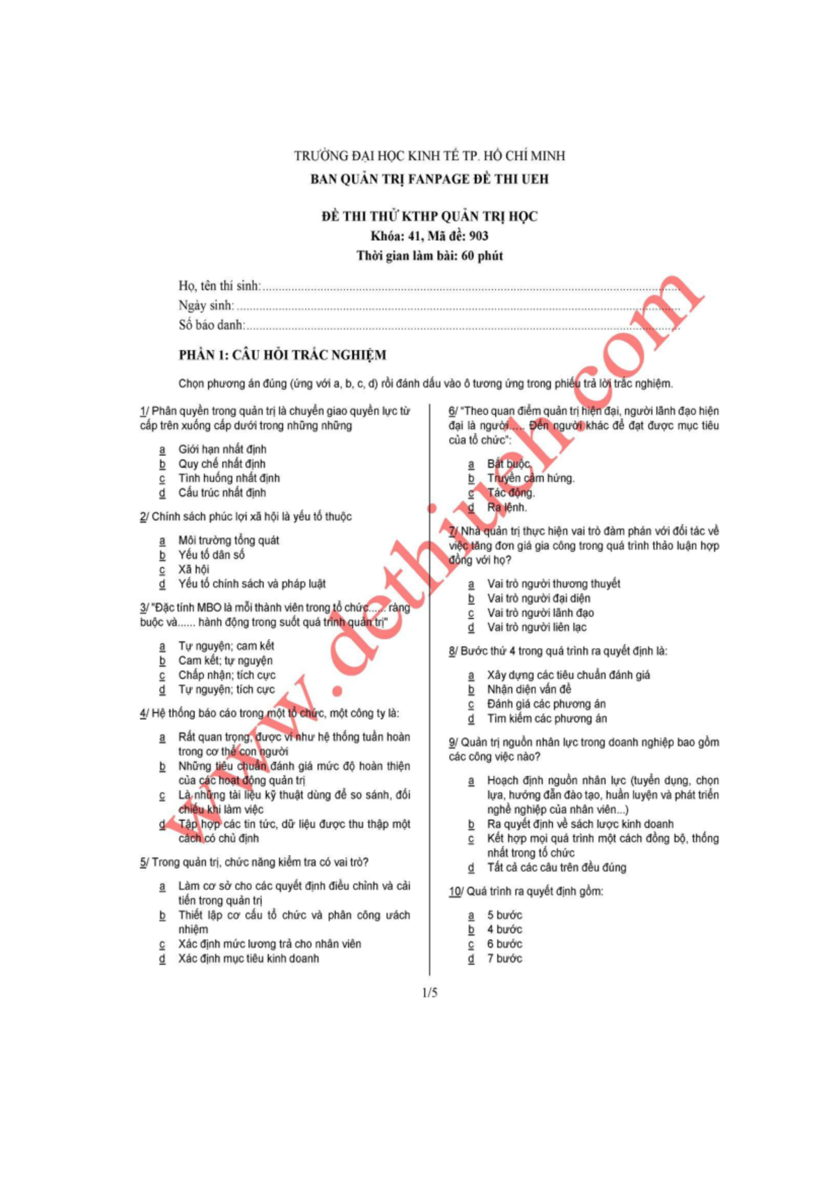 Đề thi QTH k41 - đề thi quản trị k41 - Quan tri hoc - Đại học kinh tế TPHCM - Studocu
