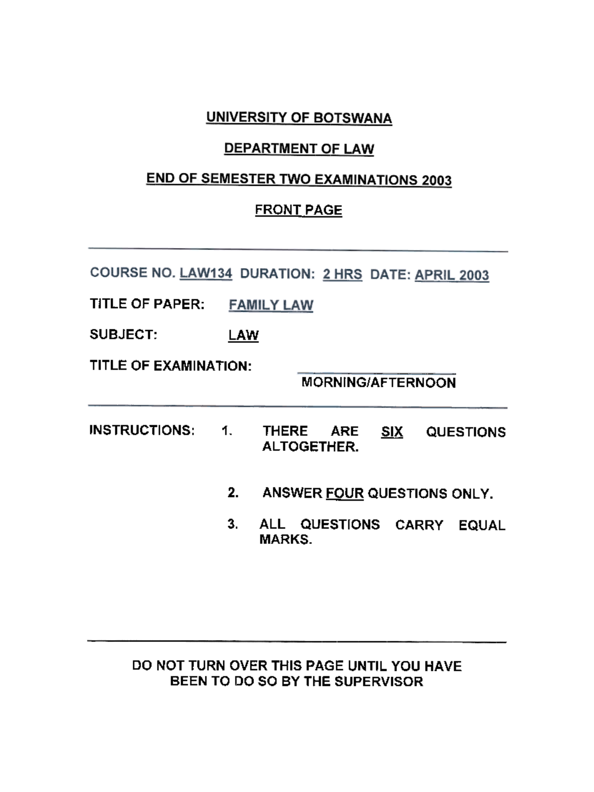 03s2law134 - past paper - FRONT PAGE TITLE OF PAPER: SUBJECT: ~ TITLE ...