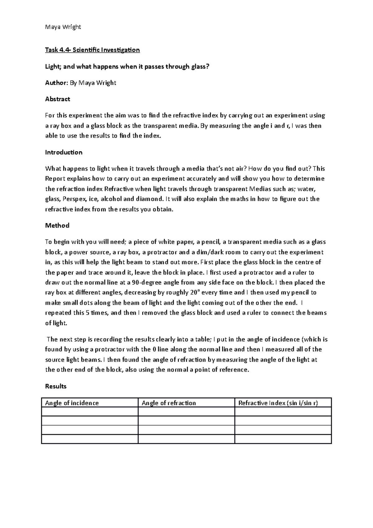 Measuring the Refractive Index scientific report - Maya Wright Task 4 ...