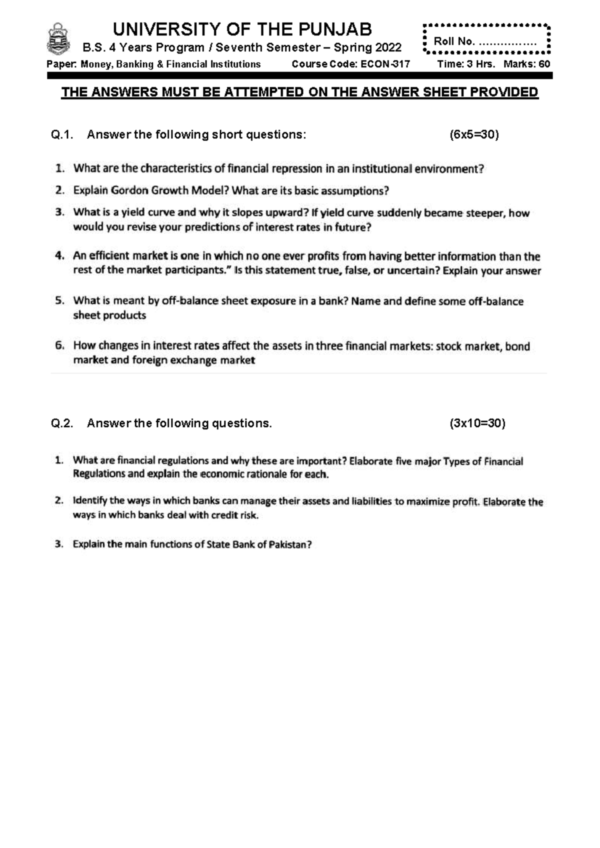 MBF- Paper-22 - Economy of Pakistan - THE ANSWERS MUST BE ATTEMPTED ON THE ANSWER SHEET PROVIDED ...