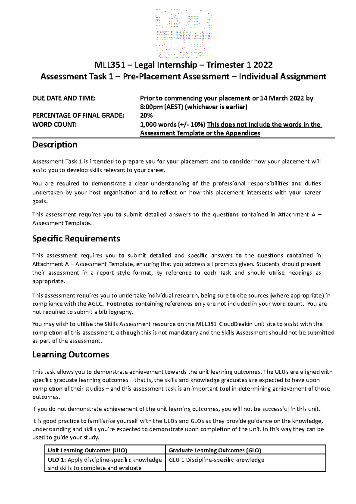 MLL351 Assessment Brief - Assessment One - Pre-Placement Assessment ...