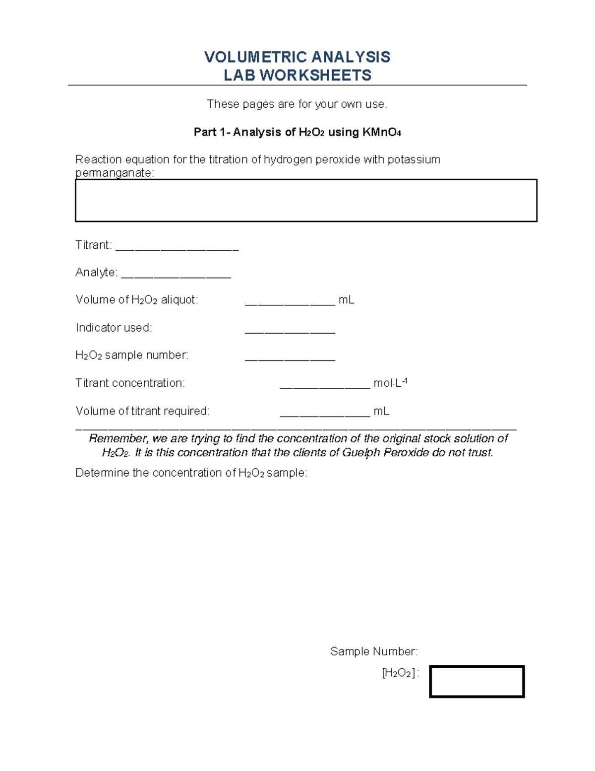 Volumetric Analysis Worksheets - CHEM 1040 - U of G - Studocu