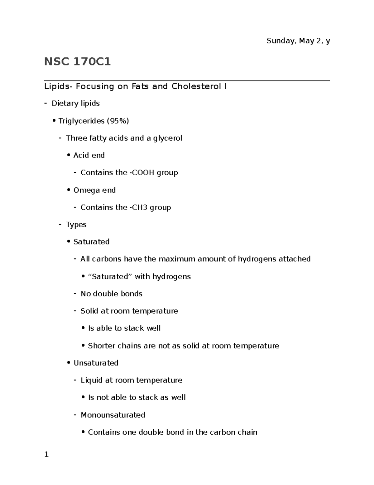 Lecture 9 - Lipids- Focusing on Fats and Cholesterol I - Friday, May 3 ...
